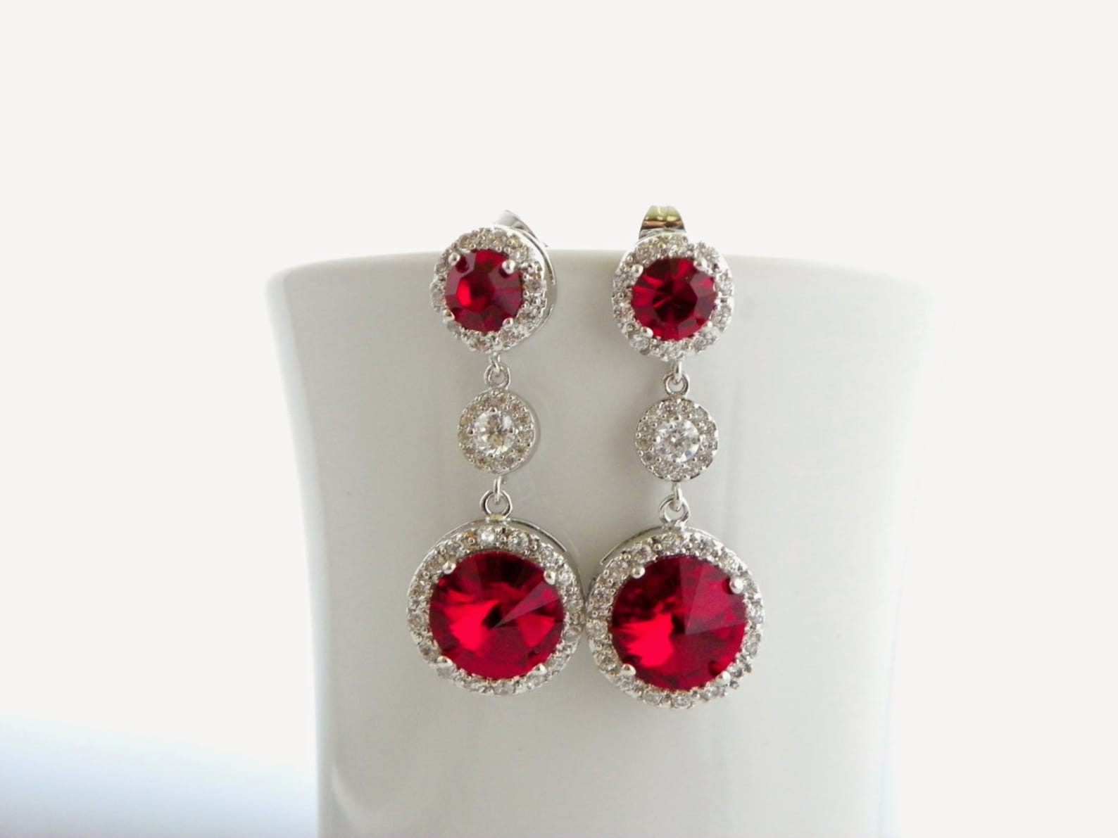 Red Drop Wedding Earrings, Bridal Dangle Earring, Siam Red Swarovski ...