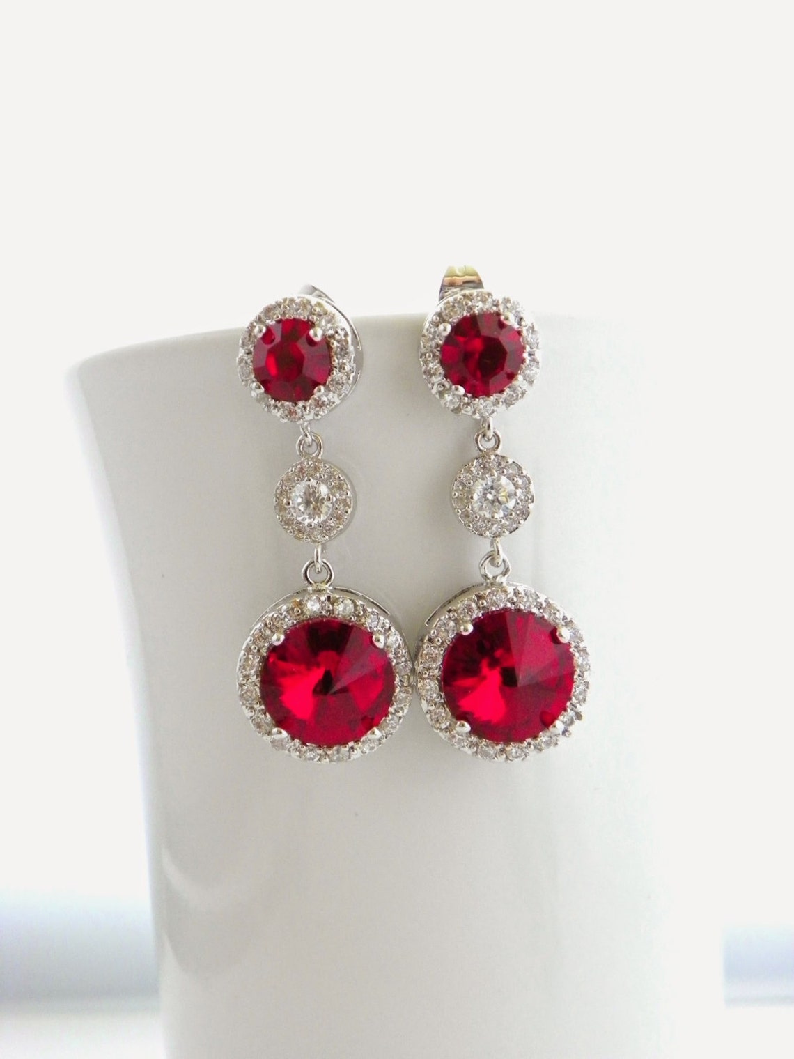 Red Drop Wedding Earrings, Bridal Dangle Earring, Siam Red Swarovski ...