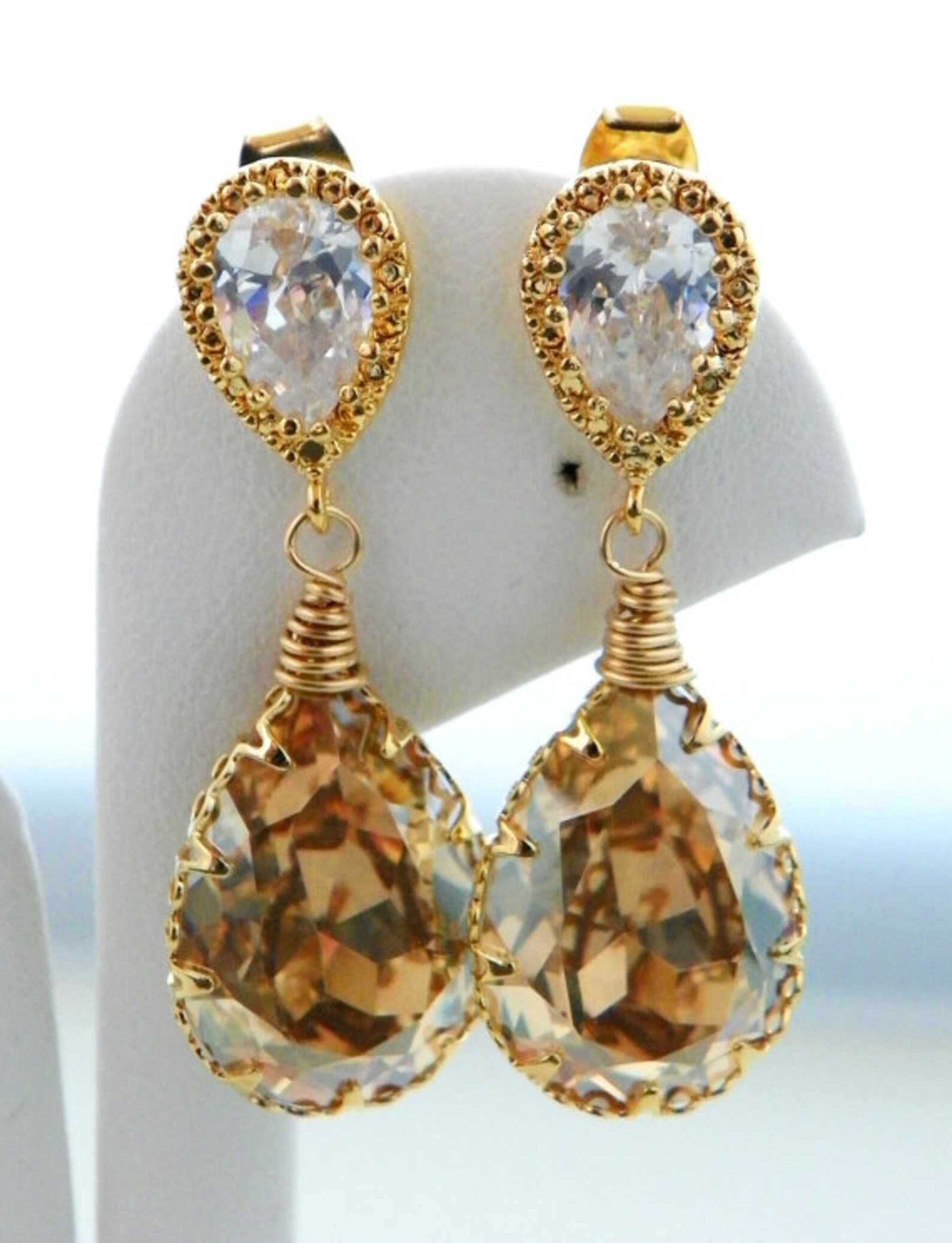 Champagne Bridal Earrings Gold, Champagne Wedding Earrings, Champagne ...
