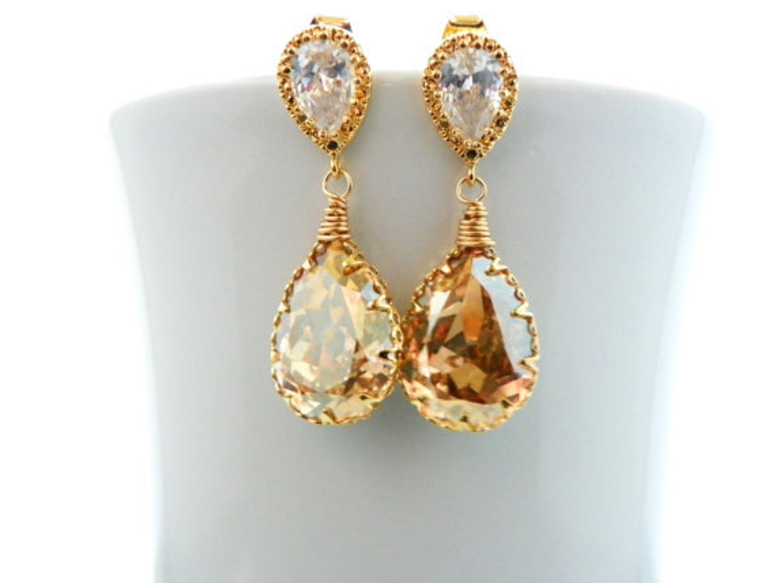 Champagne Bridal Earrings Gold, Champagne Wedding Earrings, Champagne ...