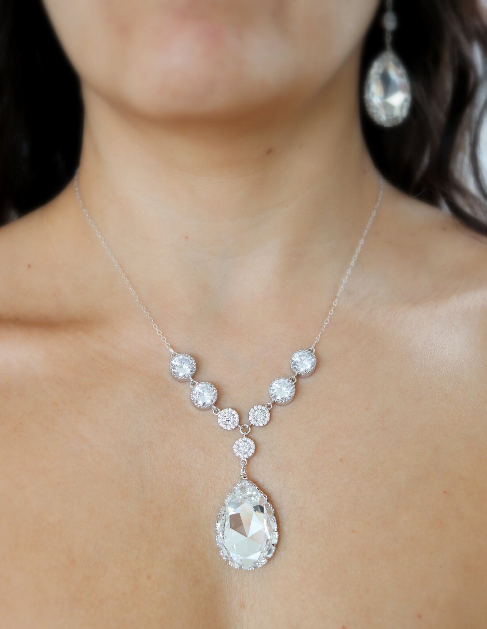 Statement Wedding Necklace and Earrings Set for Bride, Cubic Zirconia ...