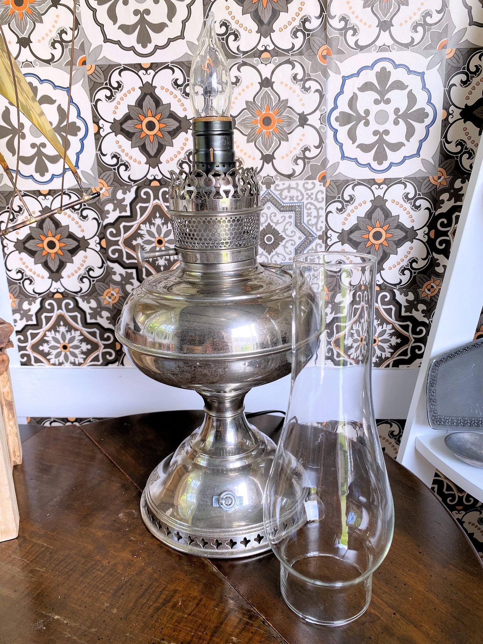 Upcycled Vintage Nickel Oil Lamp With Chimney Electrified Aladdin Rayo ...