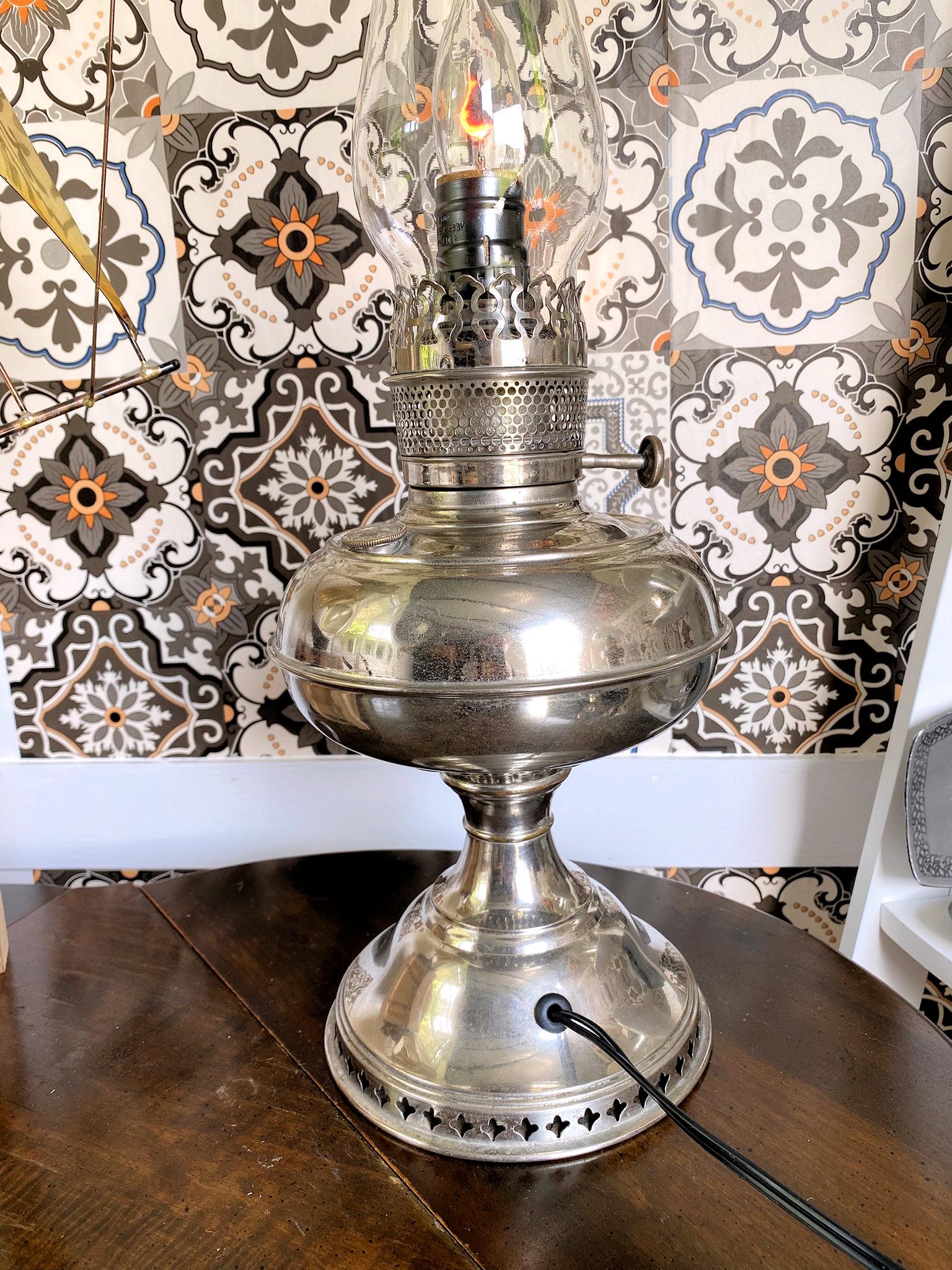 Upcycled Vintage Nickel Oil Lamp With Chimney Electrified Aladdin Rayo ...