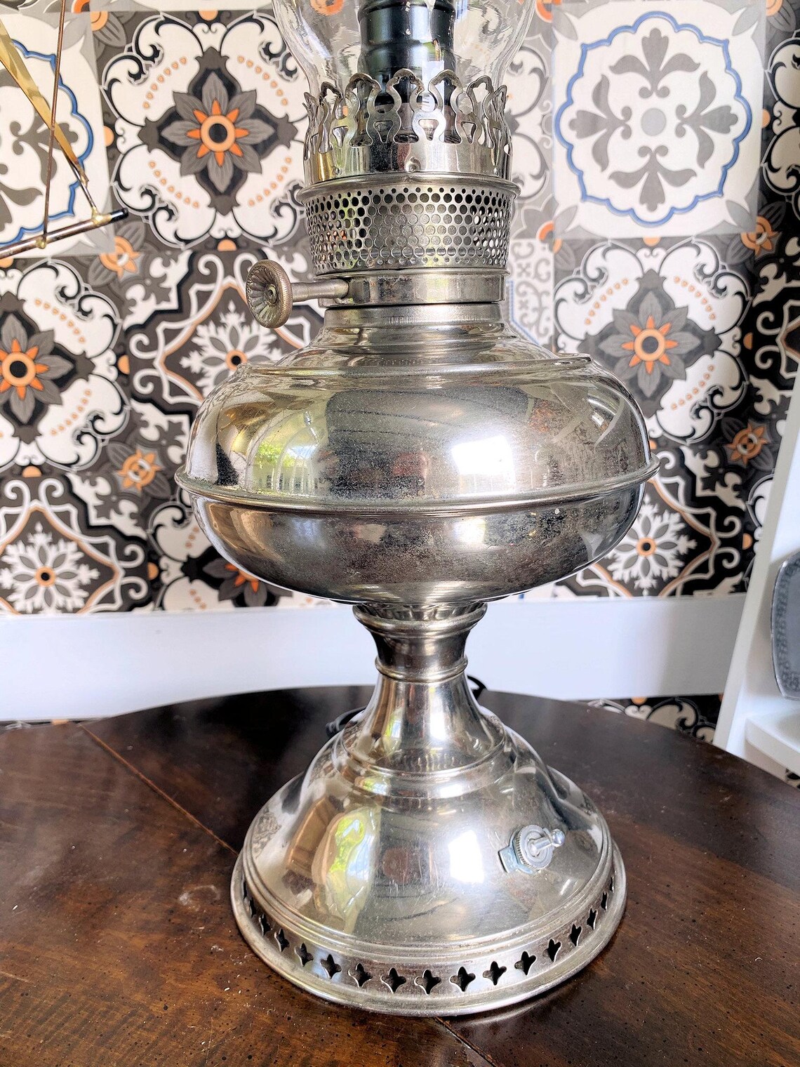 Upcycled Vintage Nickel Oil Lamp With Chimney Electrified Aladdin Rayo ...
