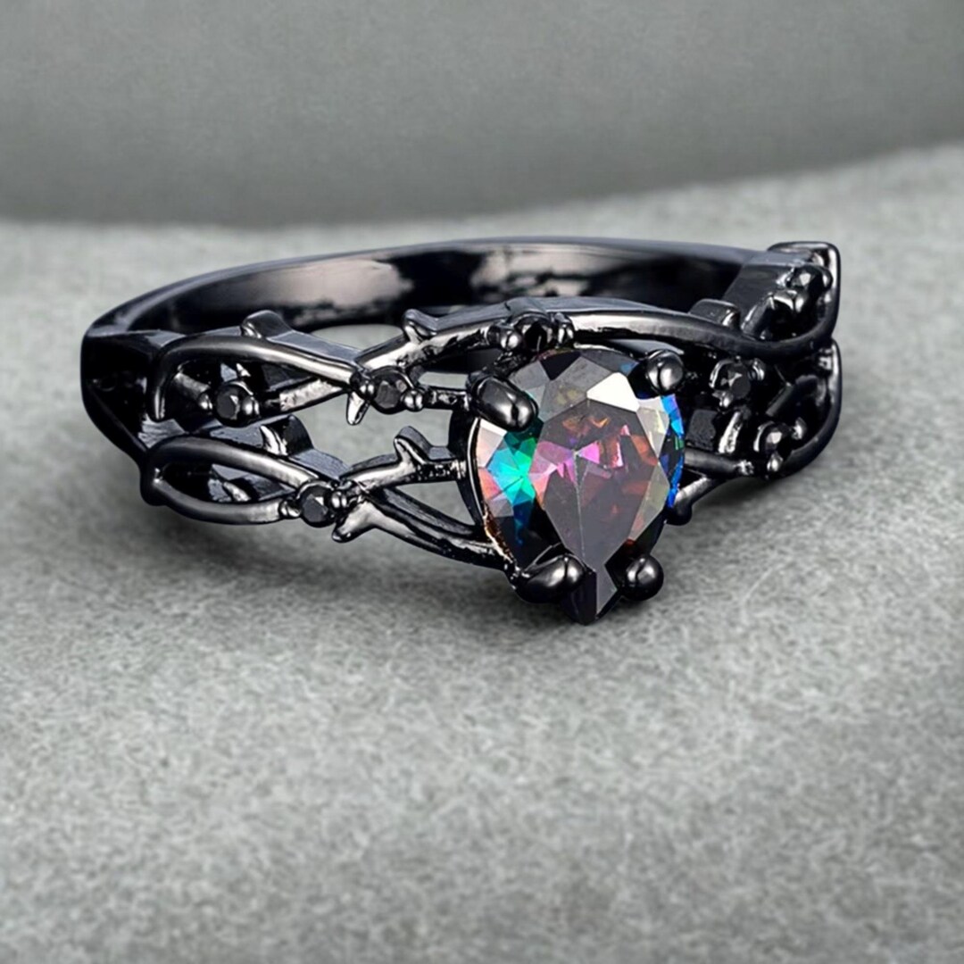 Black Gothic Quartz Crystal Ring – Gun Black Zircon Ring, Witchcore ...