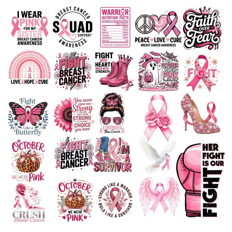 Breast Cancer Awareness PNG Bundle: 1200+ Pink Ribbon Designs (digital ...