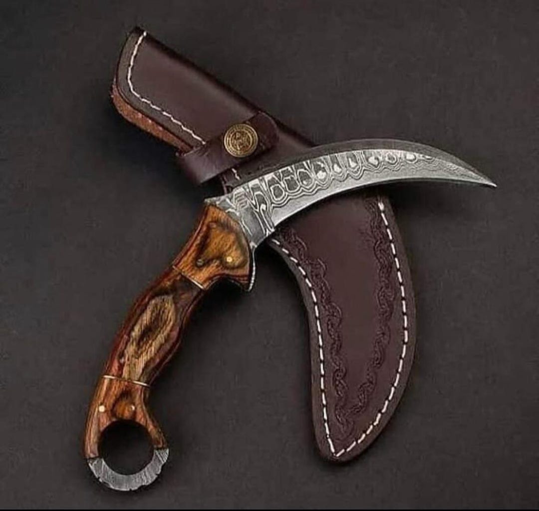 Custom Handmade Damascus Steel Karambit Hunting Knife With Leather ...