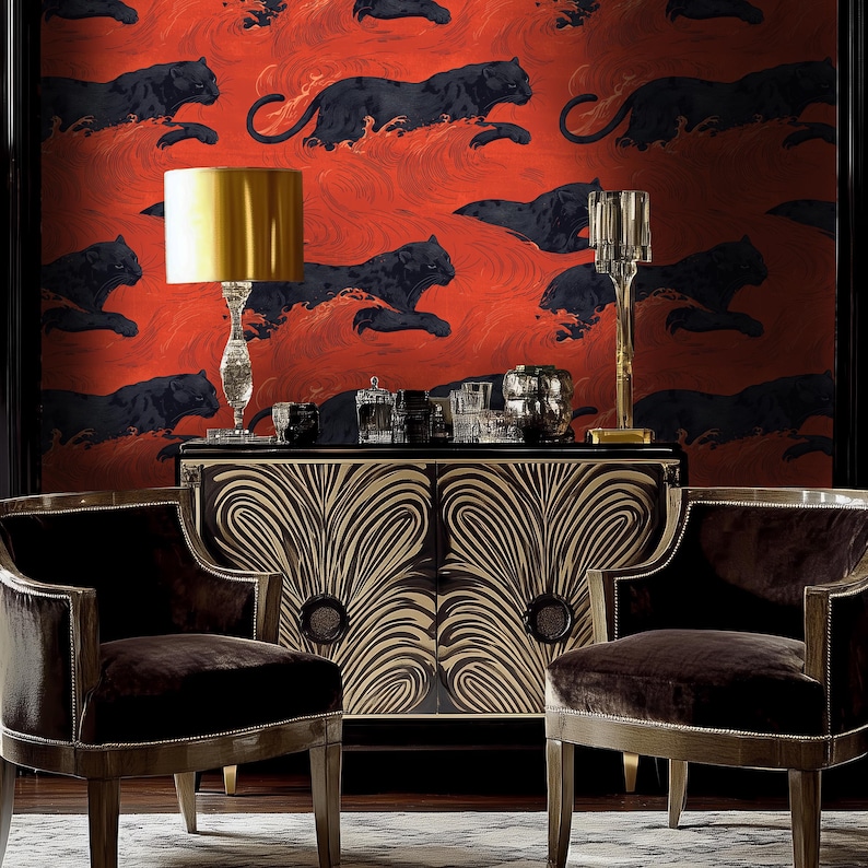 Red Panther Jungle Wallpaper - Art Deco Exotic Animal Print Wall Mural ...