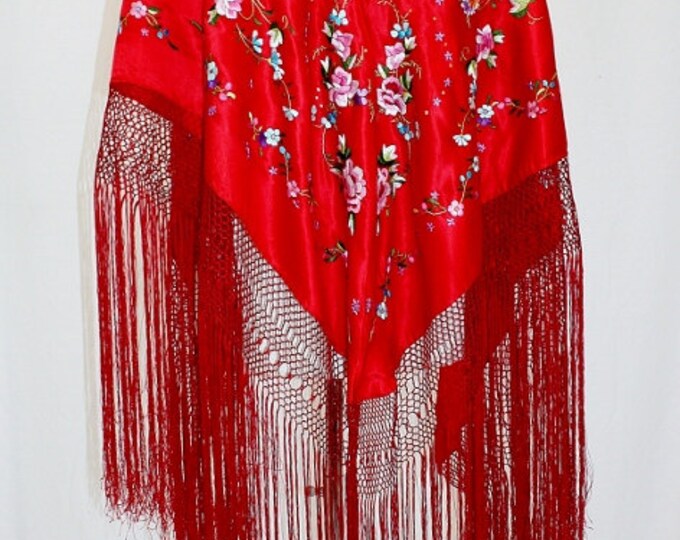 Embroidered Red Silk Shawl Piano Fringe Phoenix Floral Chinese Asian ...