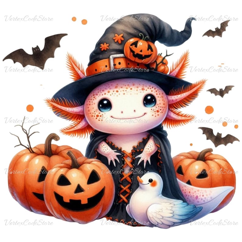 Watercolor Axolotl Halloween Clipart Kawaii Spooky Animal PNG Digital ...