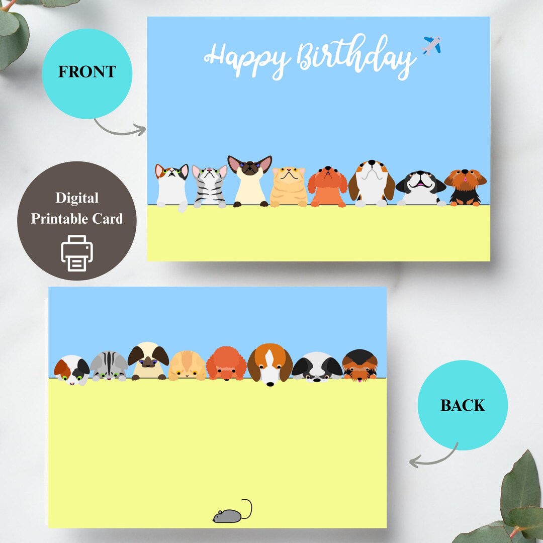 Printable Cats and Dogs Birthday Card, Pastel Greeting Card for Animal ...