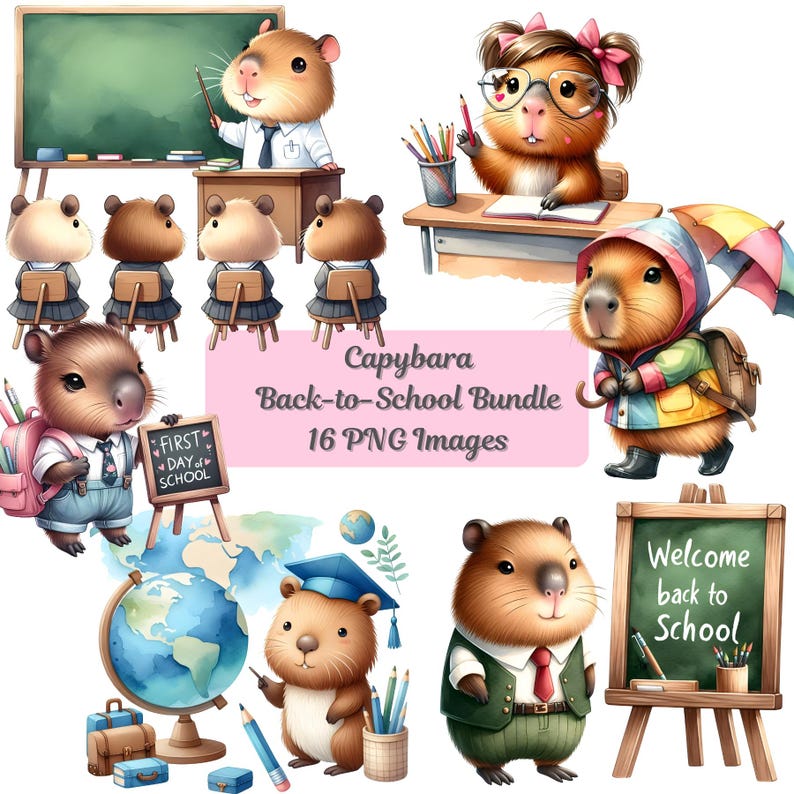 Capybara Back to School Clipart Watercolor Capybara Student PNG Cute ...