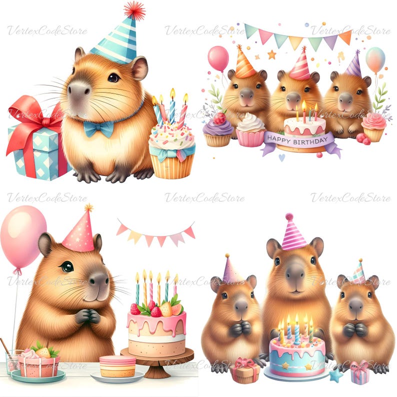 Kawaii Capybara Birthday Clipart Bundle Watercolor Cute Animal Party ...