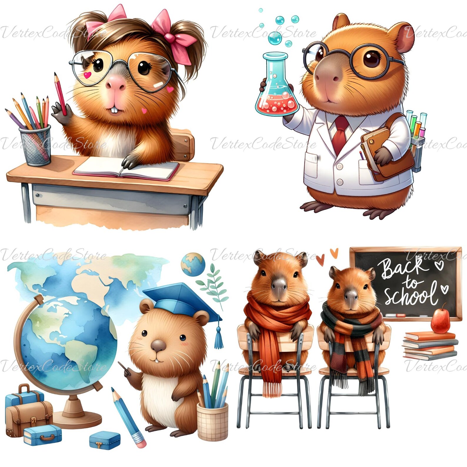 Capybara Back to School Clipart Watercolor Capybara Student PNG Cute ...
