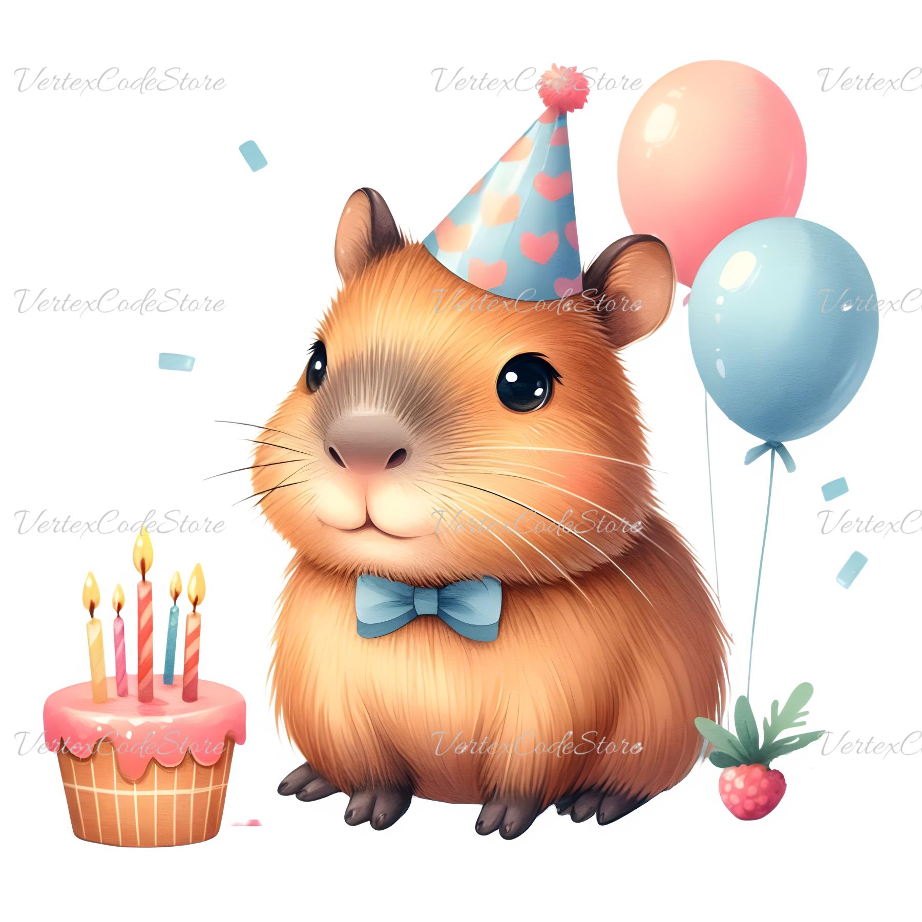 Watercolor Baby Capybara Birthday Clipart Cute Pastel Animal With Party ...