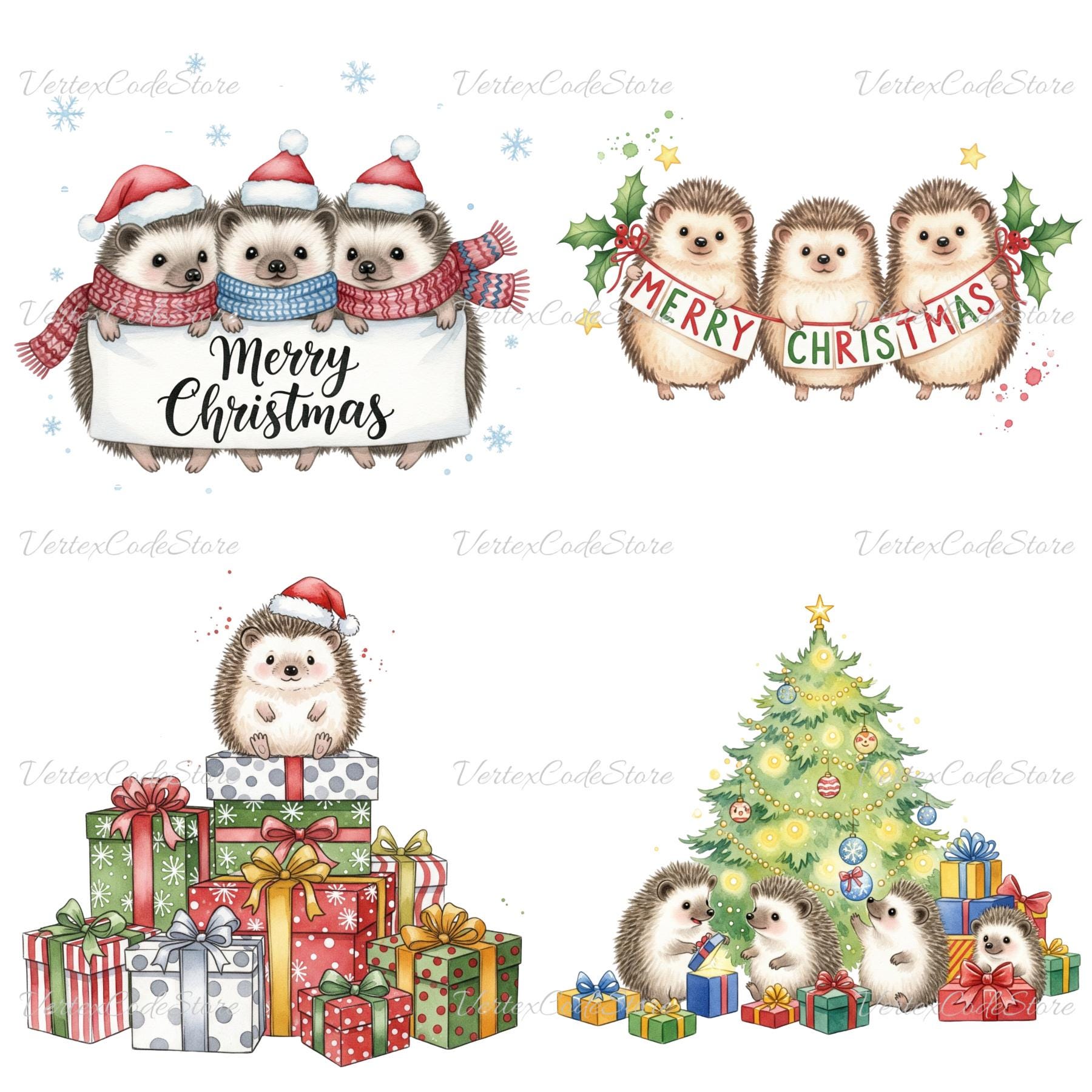 Cute Hedgehog Christmas Clipart Digital Download Watercolor Woodland ...