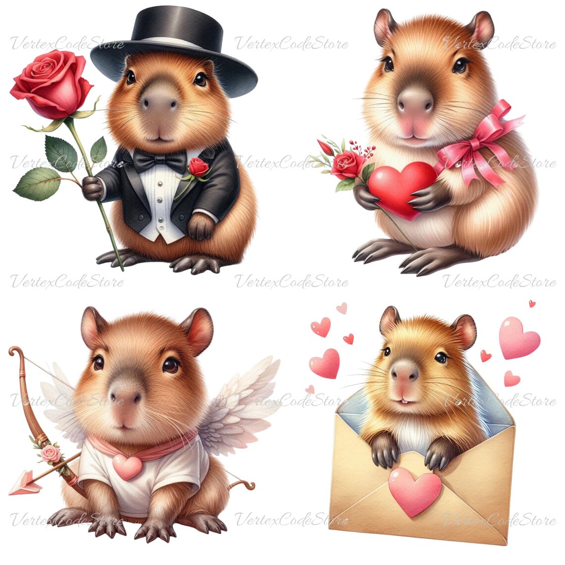 Cute Capybara Valentine's Day Clipart Bundle, Kawaii Animal Romantic ...