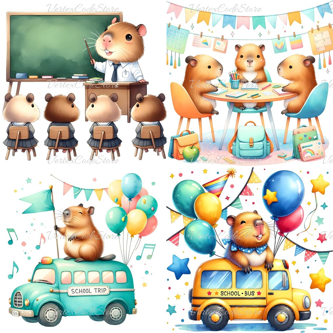 Capybara Back to School Clipart Watercolor Capybara Student PNG Cute ...