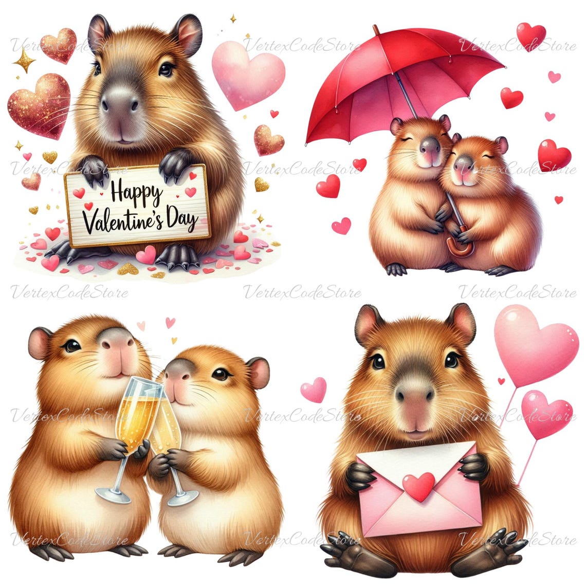 Cute Capybara Valentine's Day Clipart Bundle, Kawaii Animal Romantic ...