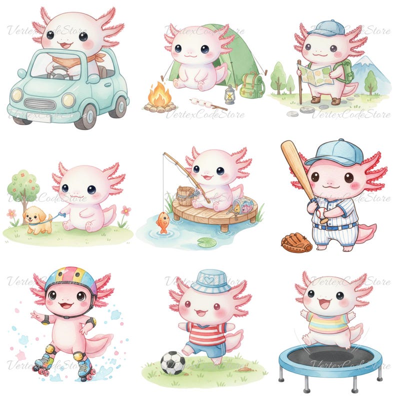 Watercolor Cute Axolotl Clipart Bundle, Kawaii Animal PNG Daily ...
