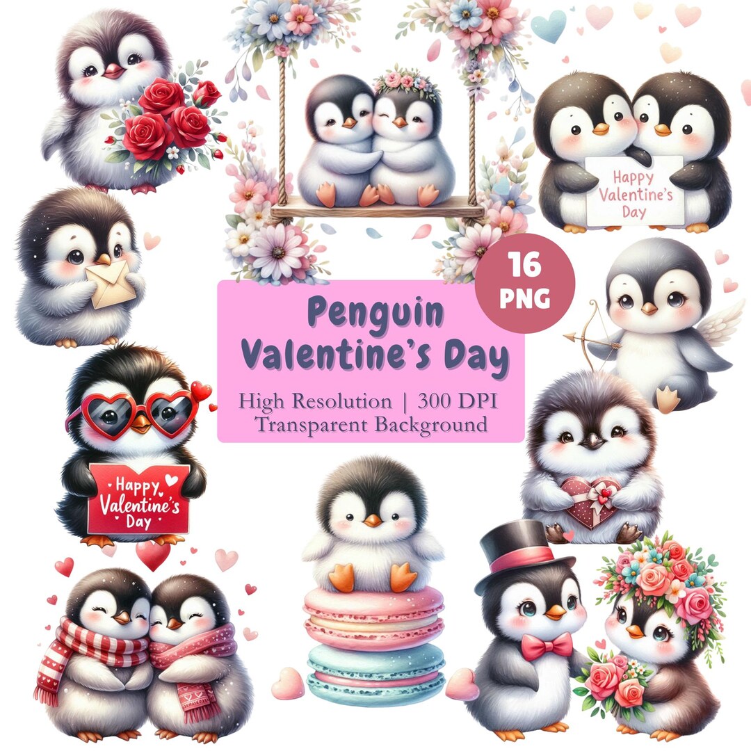 Kawaii Penguin Valentine Clipart Watercolor Animal Couple Romantic PNG ...