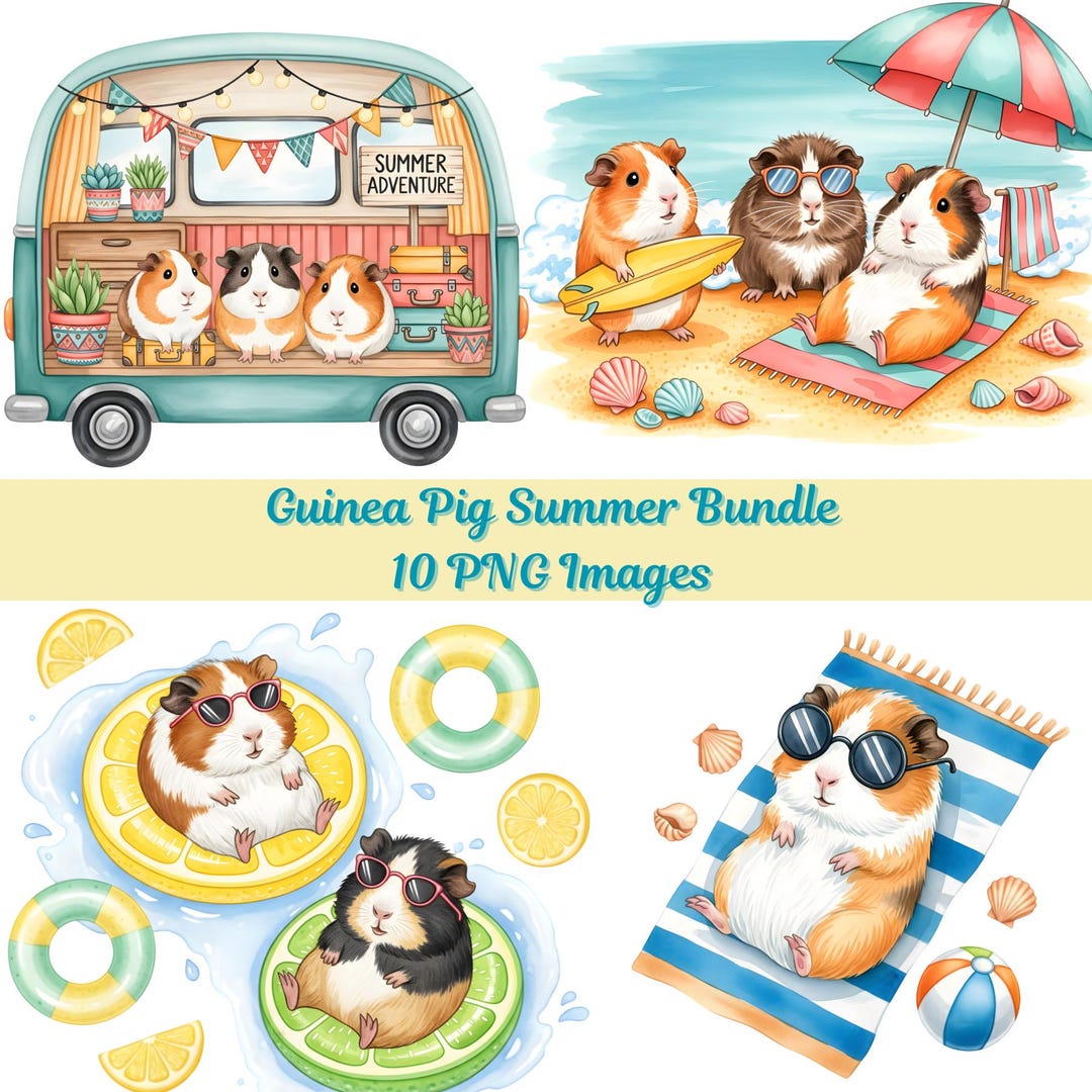 Guinea Pig Summer Clipart Bundle Watercolor Animal Beach PNG Printable ...
