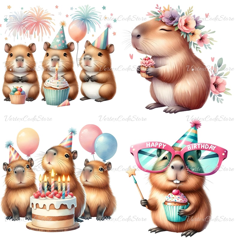 Capybara Birthday Clipart Watercolor Animal Birthday PNG Bundle ...