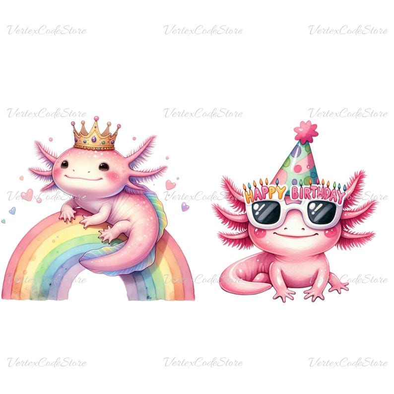Watercolor Axolotl Birthday Clipart Kawaii Animal PNG Bundle Printable ...