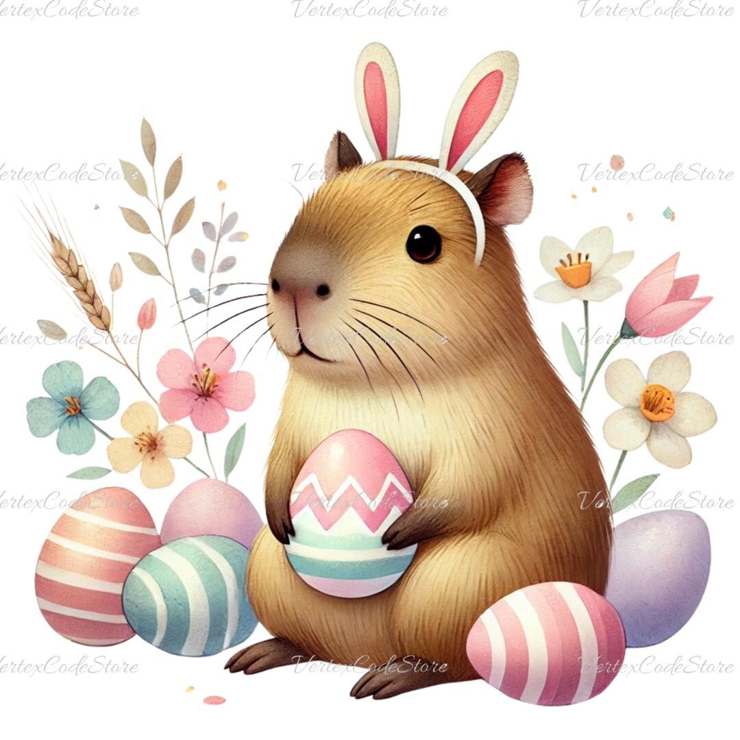 Kawaii Capybara Easter Clipart, Watercolor Capybara With Bunny Ears PNG ...