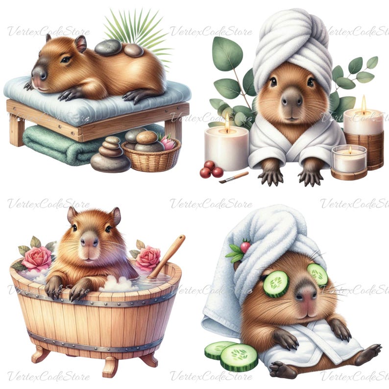 Self Care Capybara Clipart Watercolor Kawaii Capybara Spa & Wellness ...