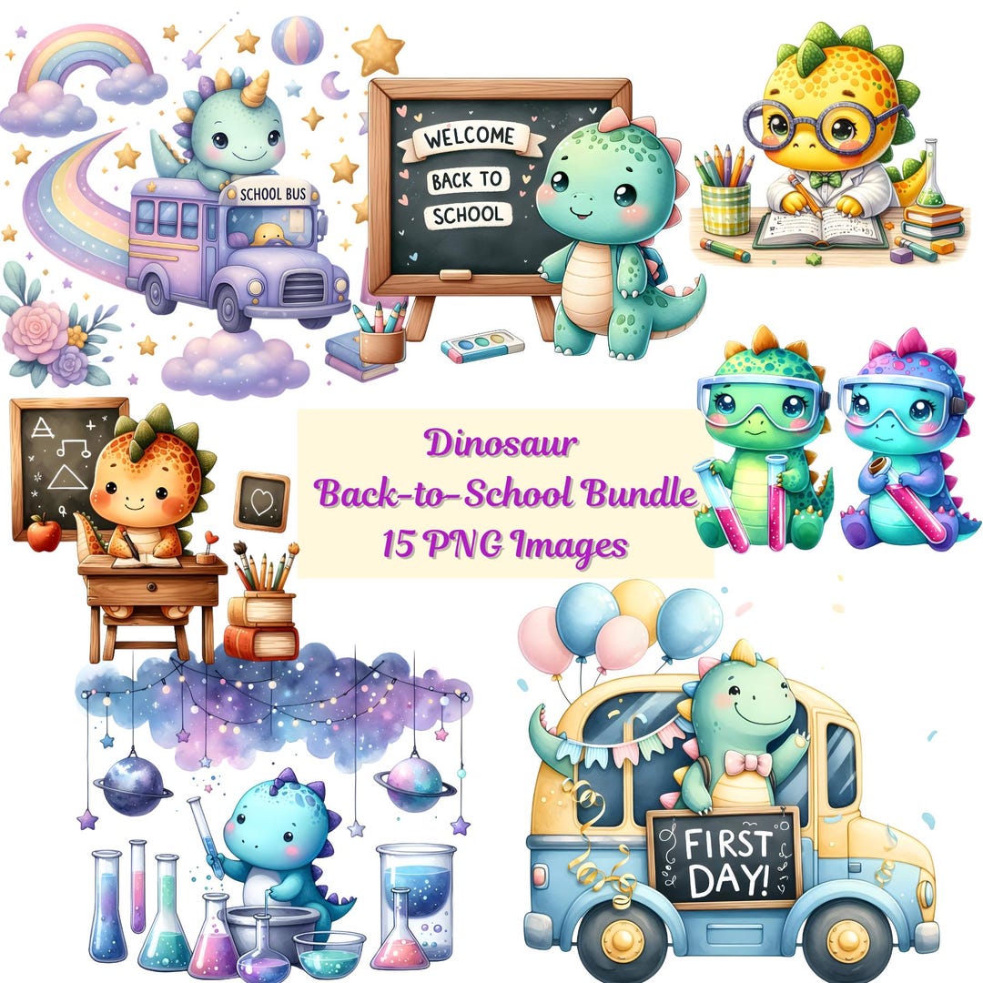 Dinosaur Back to School Clipart Watercolor Dinosaur Student PNG Kawaii ...