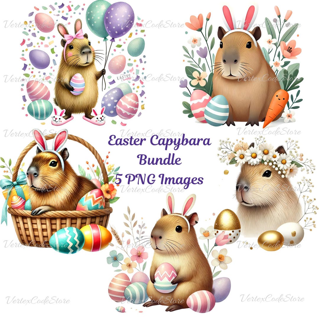Transparent Cute Easter Capybara 5 PNG Bundle, Capybara Watercolor Clip ...