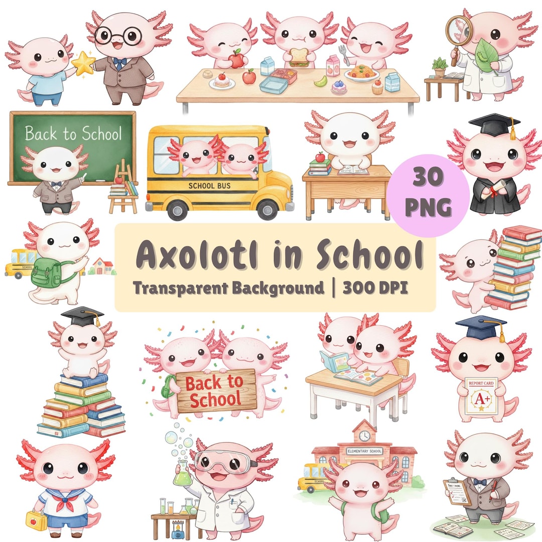 Kawaii Axolotl School Clipart, Back to School Axolotl PNG, Watercolor ...