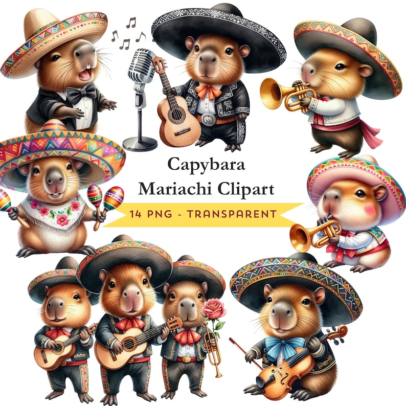 Cute Capybara Mariachi Clipart, Watercolor Animal Mexican Musician PNG ...