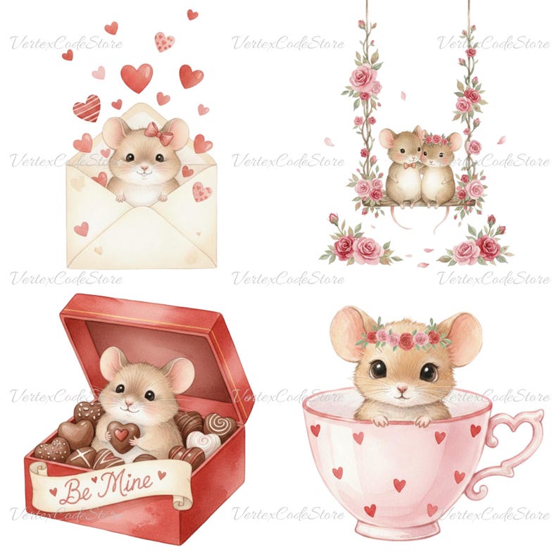 Cute Mouse Valentine Clipart Bundle, Watercolor Little Rat Romantic PNG ...