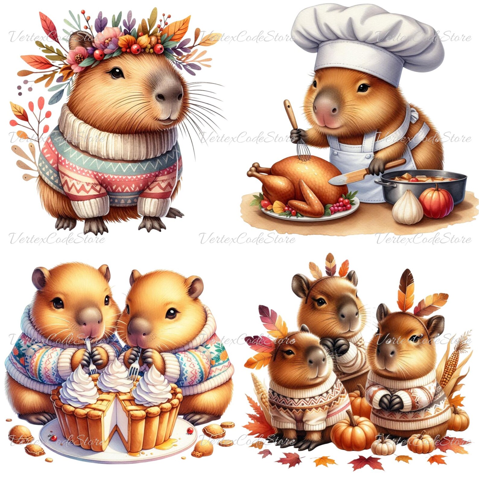 Capybara Thanksgiving Clipart Bundle Watercolor Animal Autumn PNG Cute ...