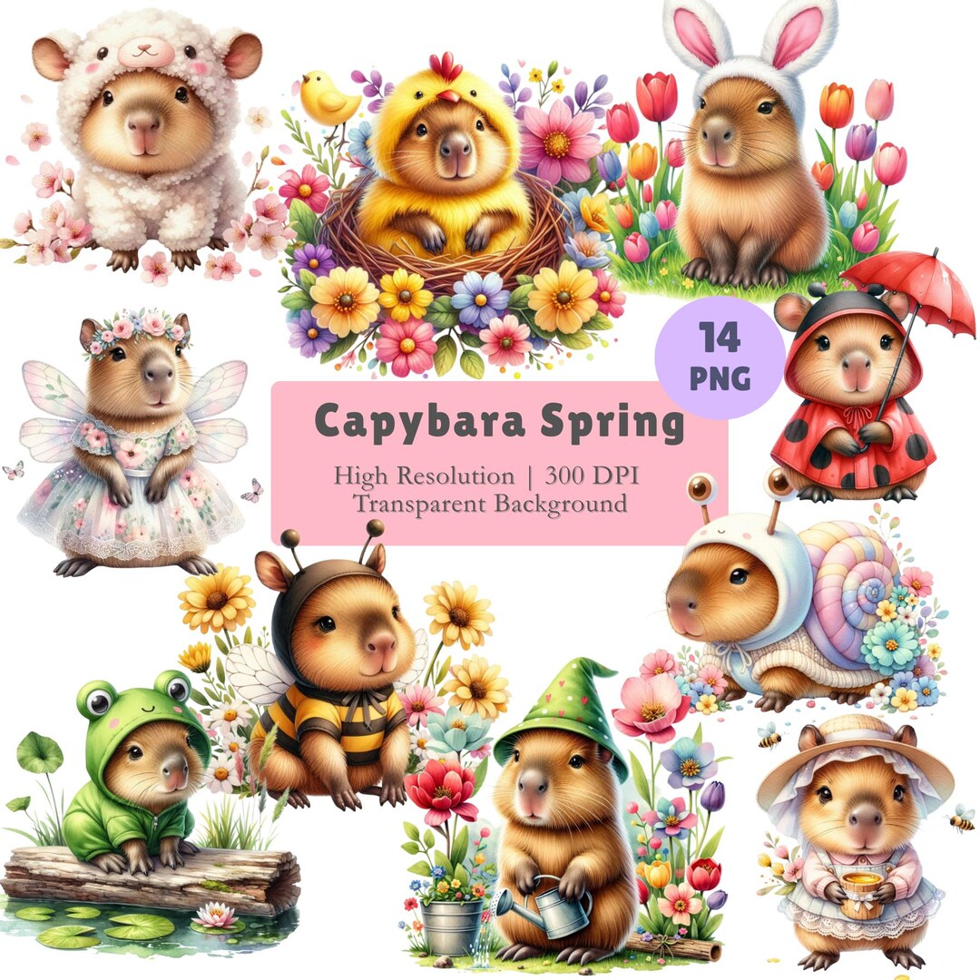 Kawaii Capybara Spring Clipart Bundle Watercolor Capybara in Costume ...