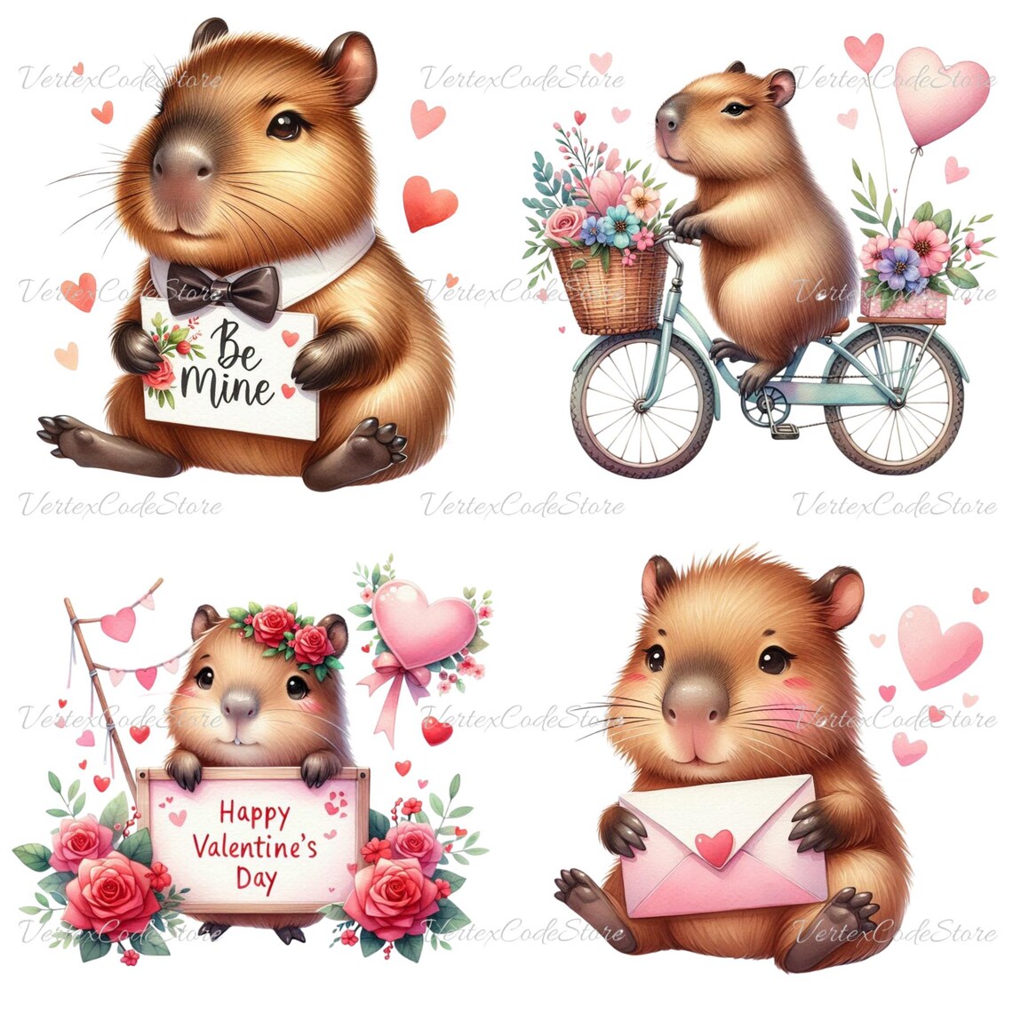 Cute Capybara Valentine's Day Clipart Bundle, Kawaii Animal Romantic ...