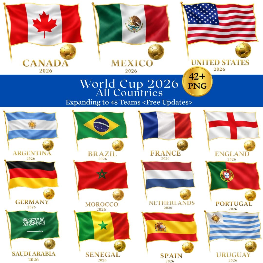 World Cup 2026 Clipart Bundle – 42 Countries PNG, Gold Soccer Ball ...