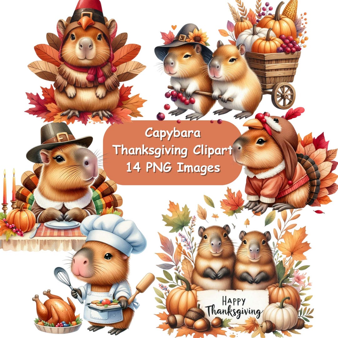Capybara Thanksgiving Clipart Bundle Watercolor Animal Autumn PNG Cute ...