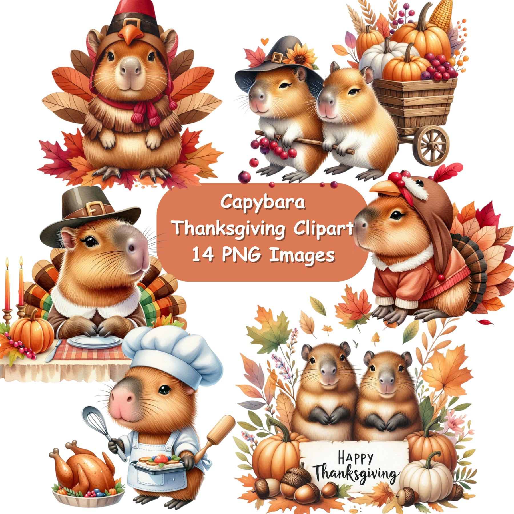 Capybara Thanksgiving Clipart Bundle Watercolor Animal Autumn PNG Cute ...
