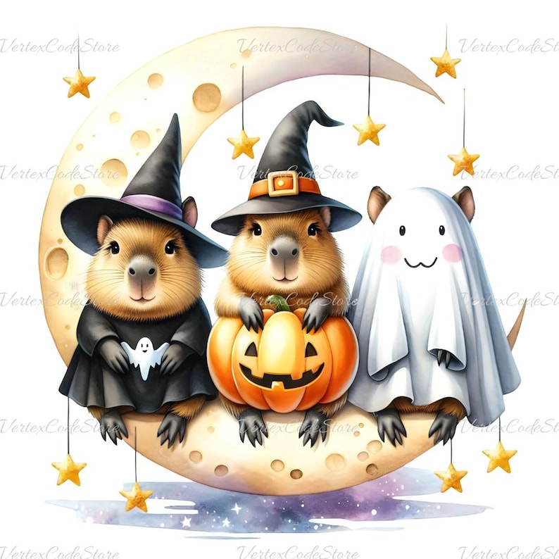 Capybara Halloween Clipart - Watercolor Kawaii Animal PNG - Transparent ...