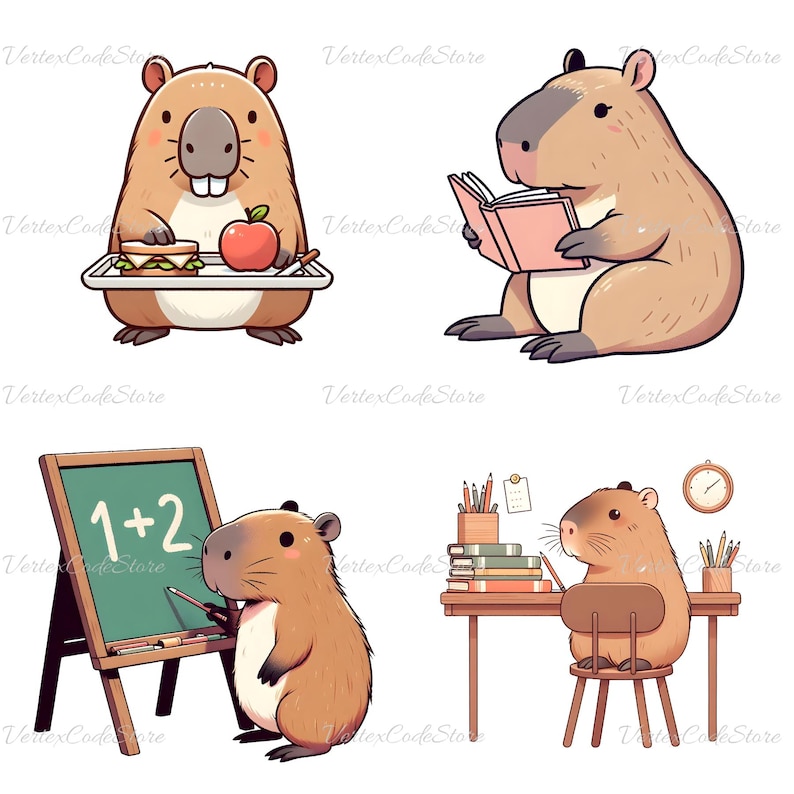 Kawaii Capybara School Clipart Bundle Cute Animal Back to School PNG ...