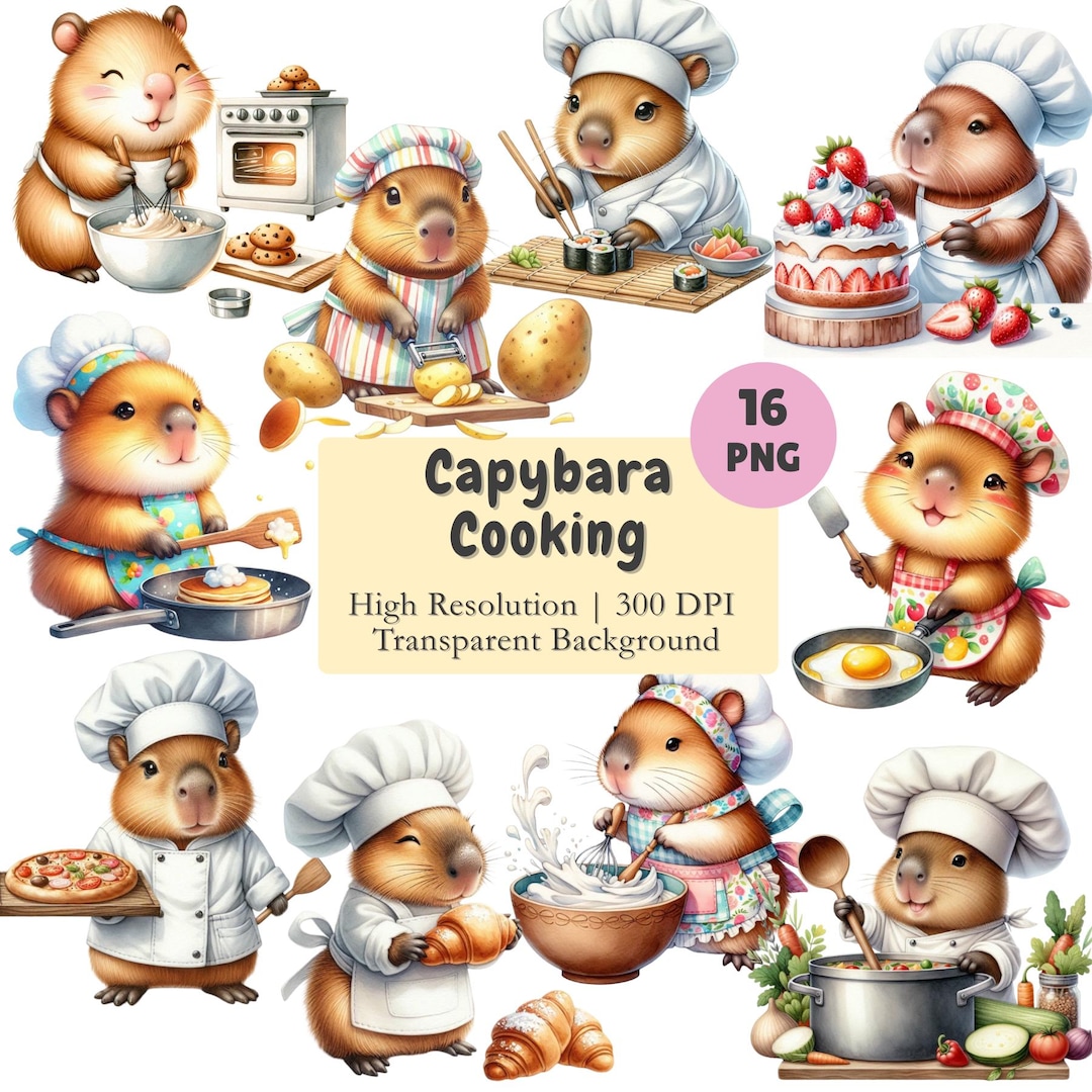 Kawaii Capybara Cooking Clipart Watercolor Capybara Chef PNG Printable ...