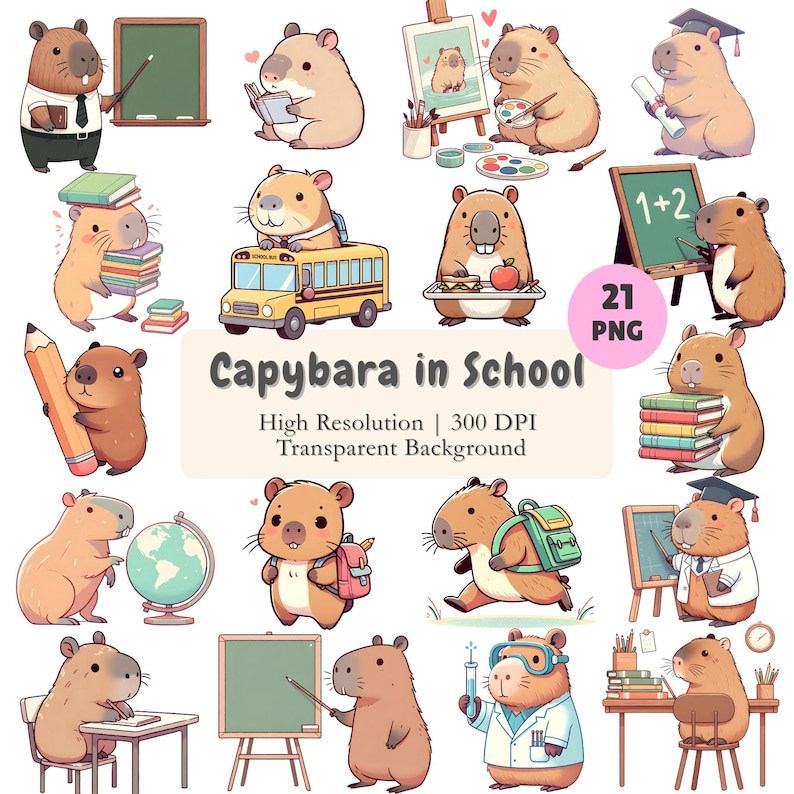 Kawaii Capybara School Clipart Bundle Cute Animal Back to School PNG ...