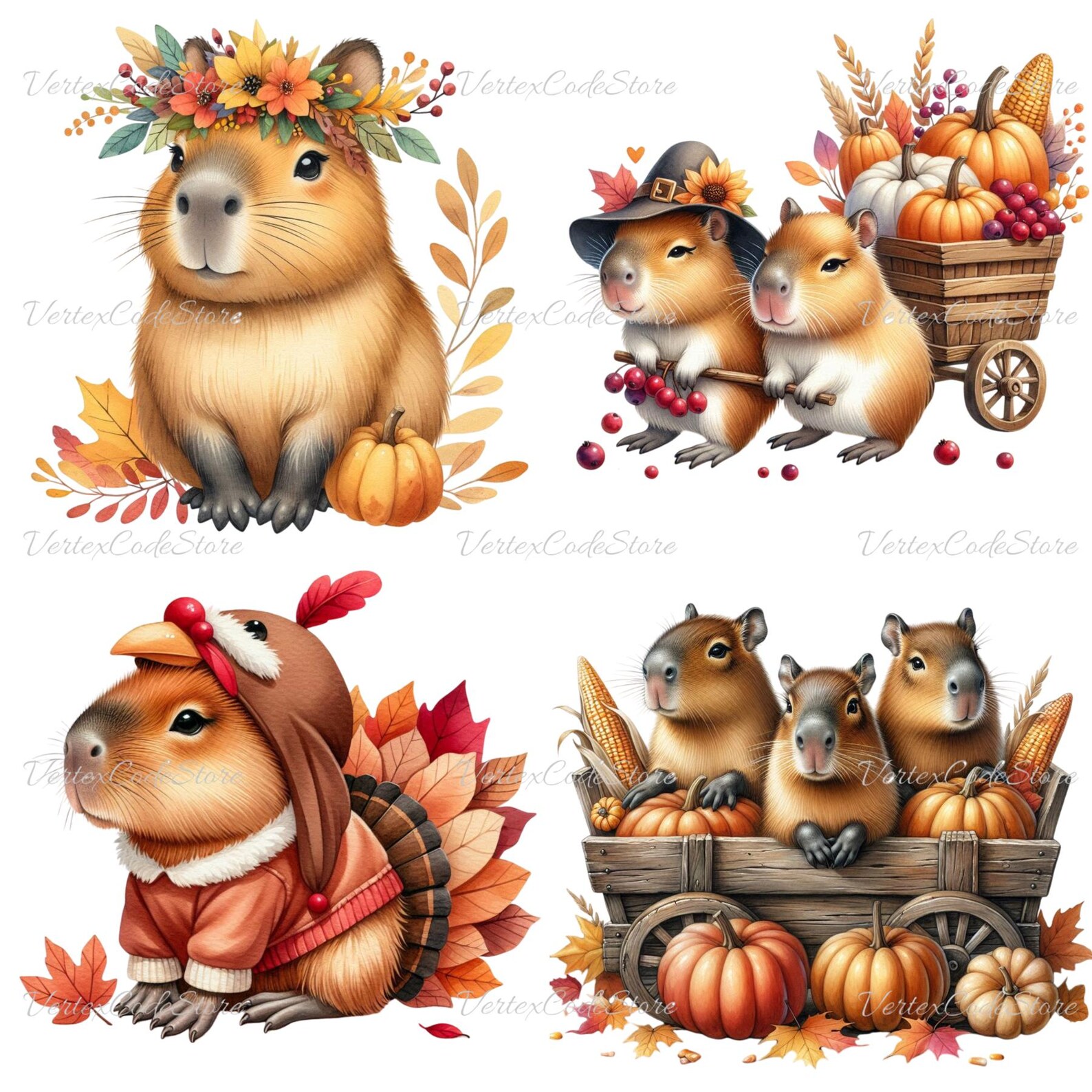 Capybara Thanksgiving Clipart Bundle Watercolor Animal Autumn PNG Cute ...