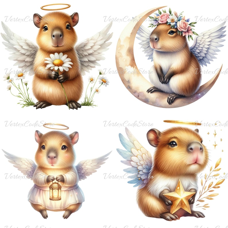 Watercolor Capybara Angel Clipart Bundle Printable Animal Angel PNG ...