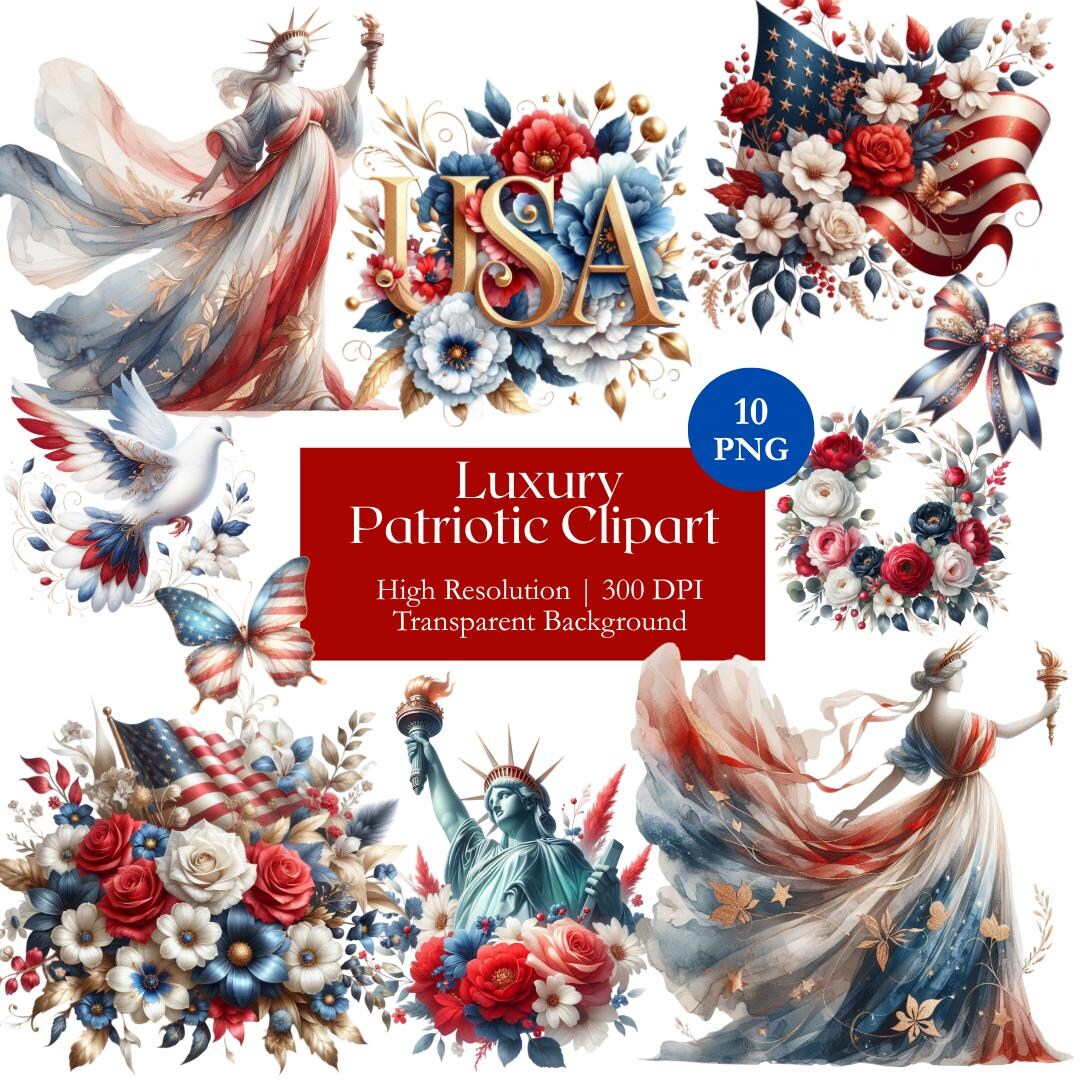 Luxury Patriotic Clipart Bundle Elegant 4th of July PNG Images USA ...