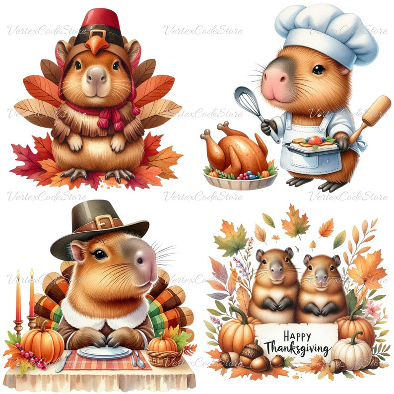 Capybara Thanksgiving Clipart Bundle Watercolor Animal Autumn PNG Cute ...