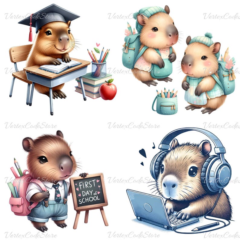 Capybara Back to School Clipart Watercolor Capybara Student PNG Cute ...